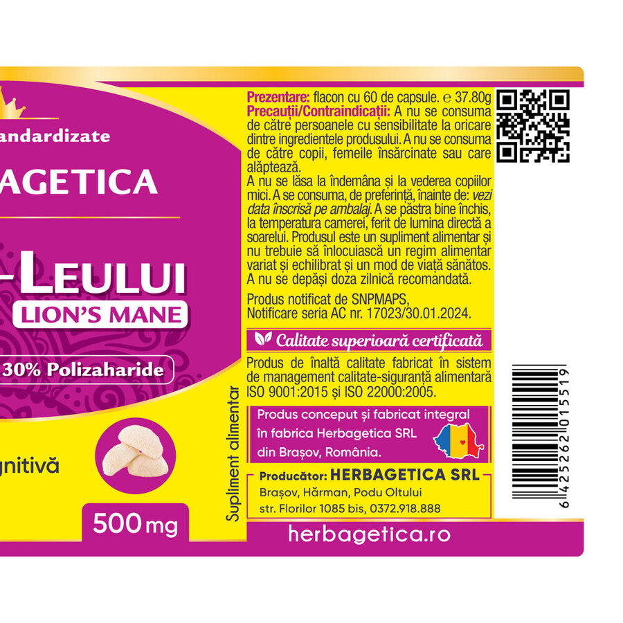 Coama Leului, 60 capsule, Herbagetica : Farmacia Tei online