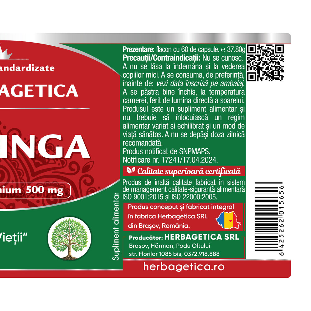 Moringa, 500 mg, 60 capsule, Herbagetica : Farmacia Tei online