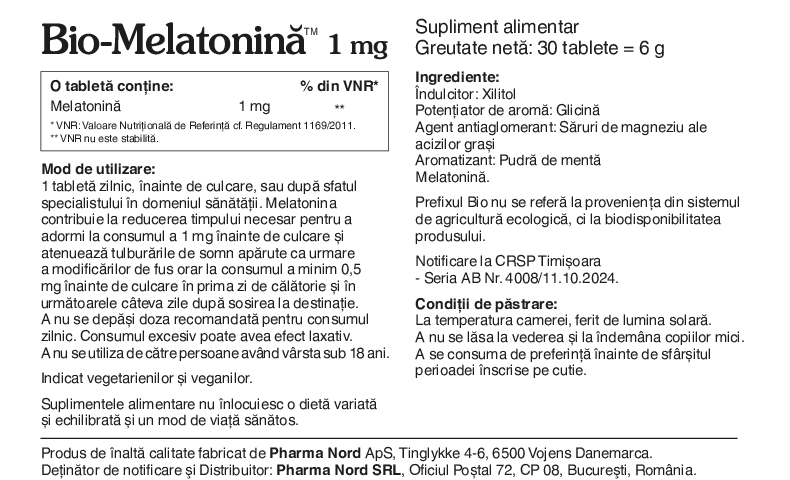 Bio-Melatonina, 1 mg, 30 tablete, Pharma Nord : Farmacia Tei online