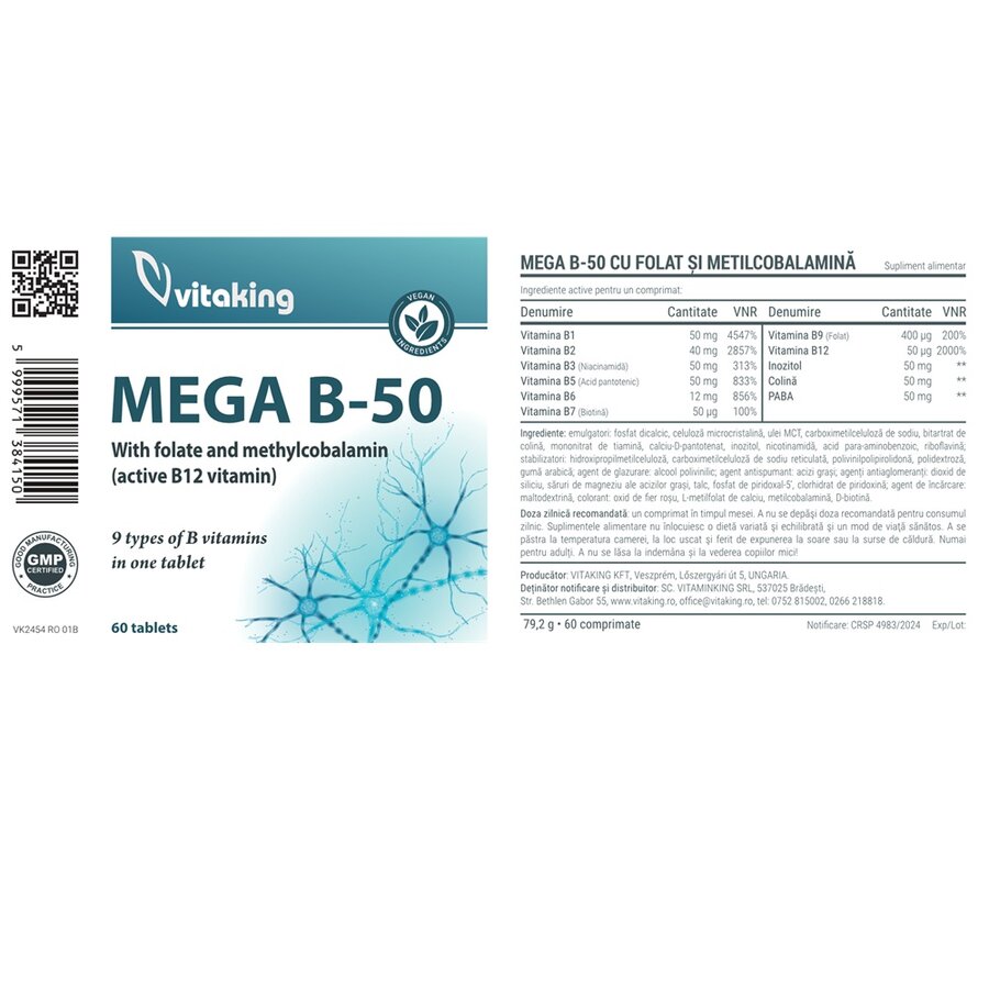 Mega B-50 cu Folat si Metilcobalamina, 60 tablete, Vitaking : Farmacia ...