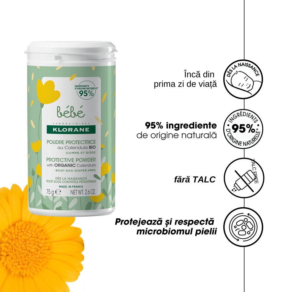 Pudra protectoare pentru bebelusi, 75 g, Klorane Bebe : Farmacia Tei online