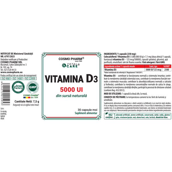 Vitamina D3, 5000 UI, 30 capsule moi, Cosmo Pharm : Farmacia Tei online