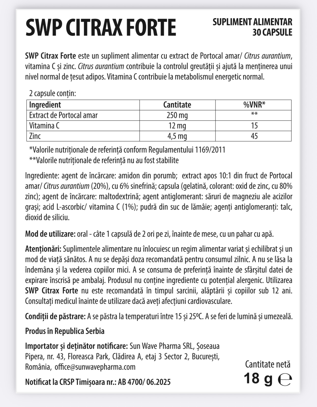 Citrax Forte, 30 capsule, Sun Wave Pharma : Farmacia Tei online