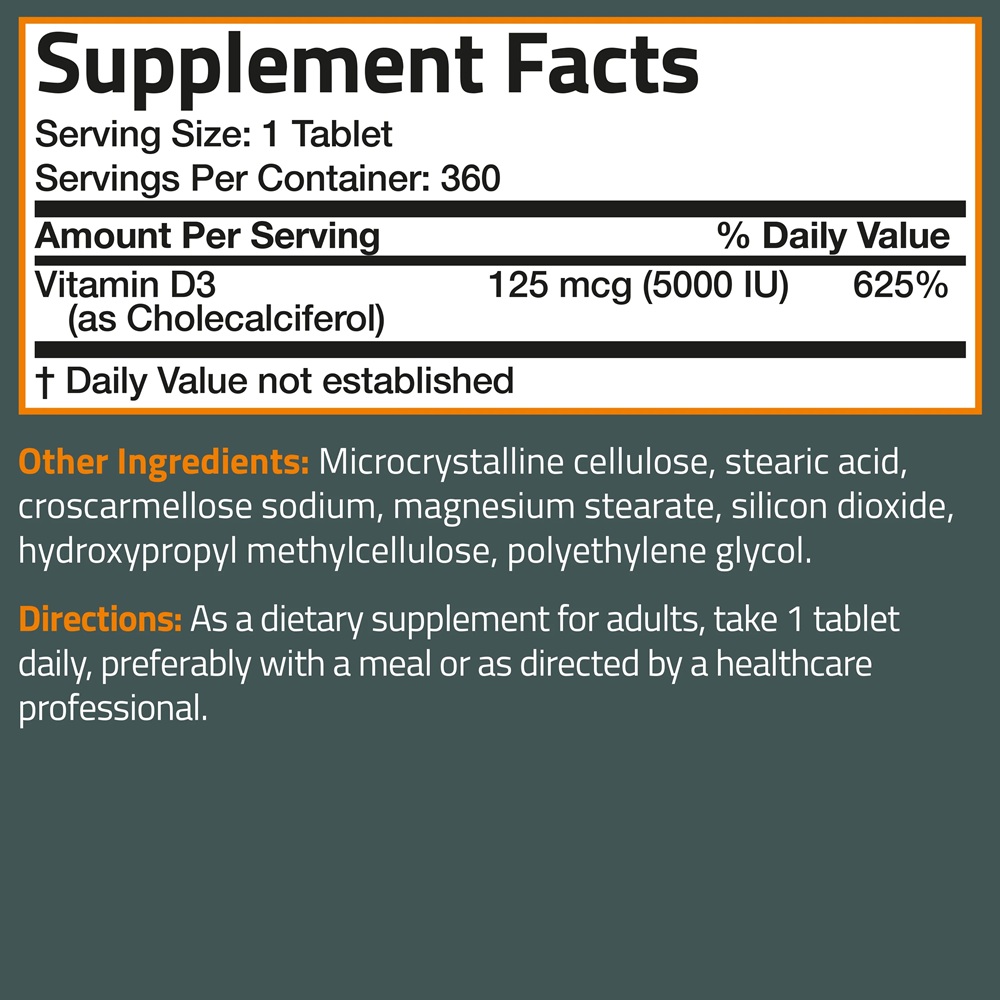 Vitamina D3 5000 UI, 125 mcg, 360 tablete, Bronson Laborato : Farmacia ...
