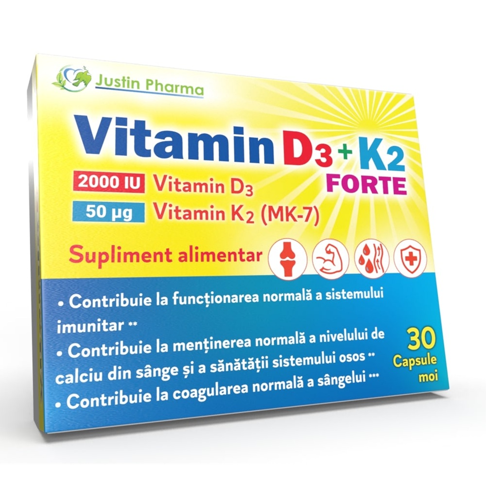 Vitamina D3 + K2 Forte, 30 capsule moi, Justin Pharma : Farmacia Tei online
