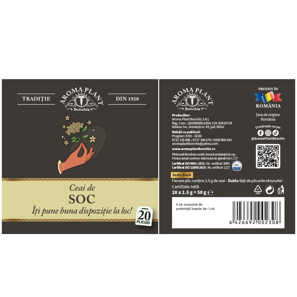 Ceai de soc, 20 plicuri, Aroma Plant : Farmacia Tei online