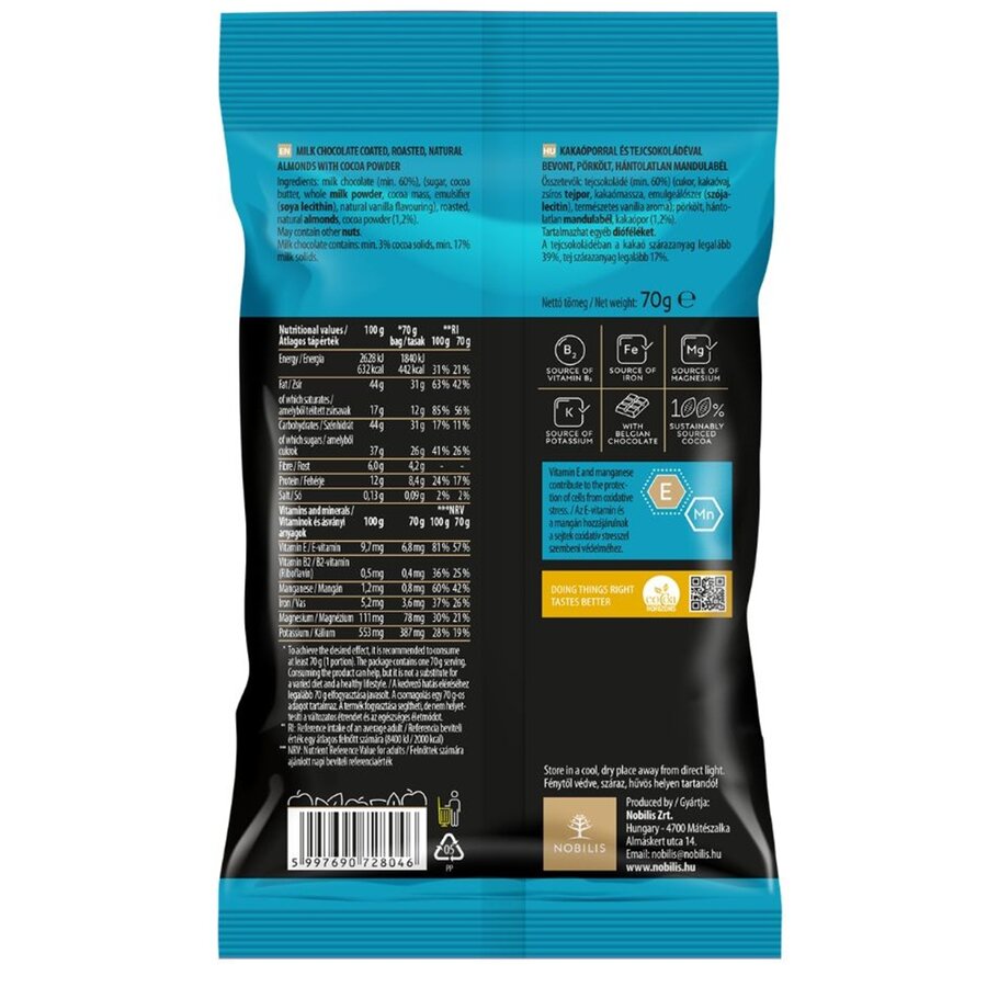 Migdale in ciocolata cu lapte si cacao pudra, 70 g, Nobilis : Farmacia ...