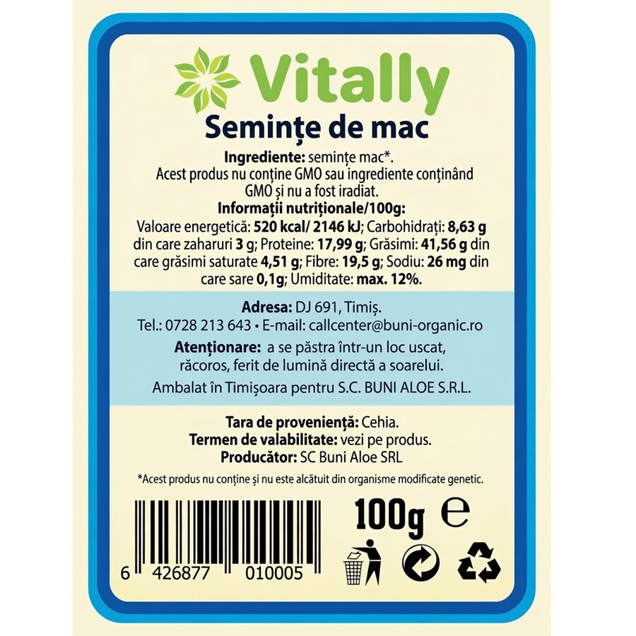 Seminte de mac, 100 g, Vitally : Farmacia Tei online