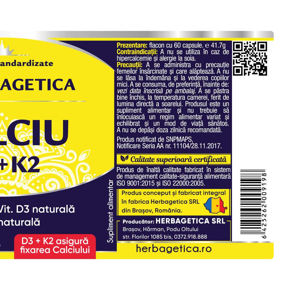 Calciu + D3 + K2, 60 capsule, Herbagetica : Farmacia Tei online