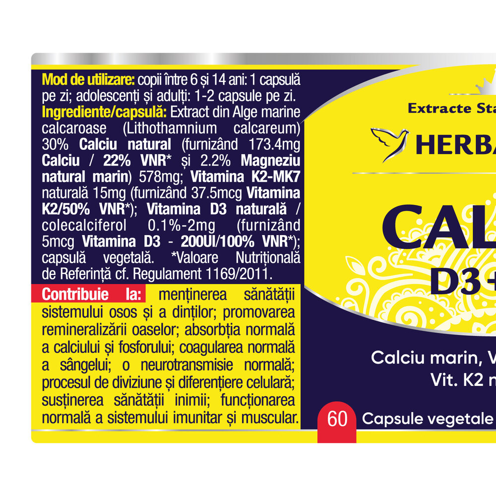 Calciu + D3 + K2, 60 capsule, Herbagetica : Farmacia Tei online