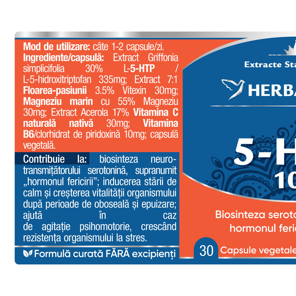 5-HTP 100, 30 capsule, Herbagetica : Farmacia Tei online