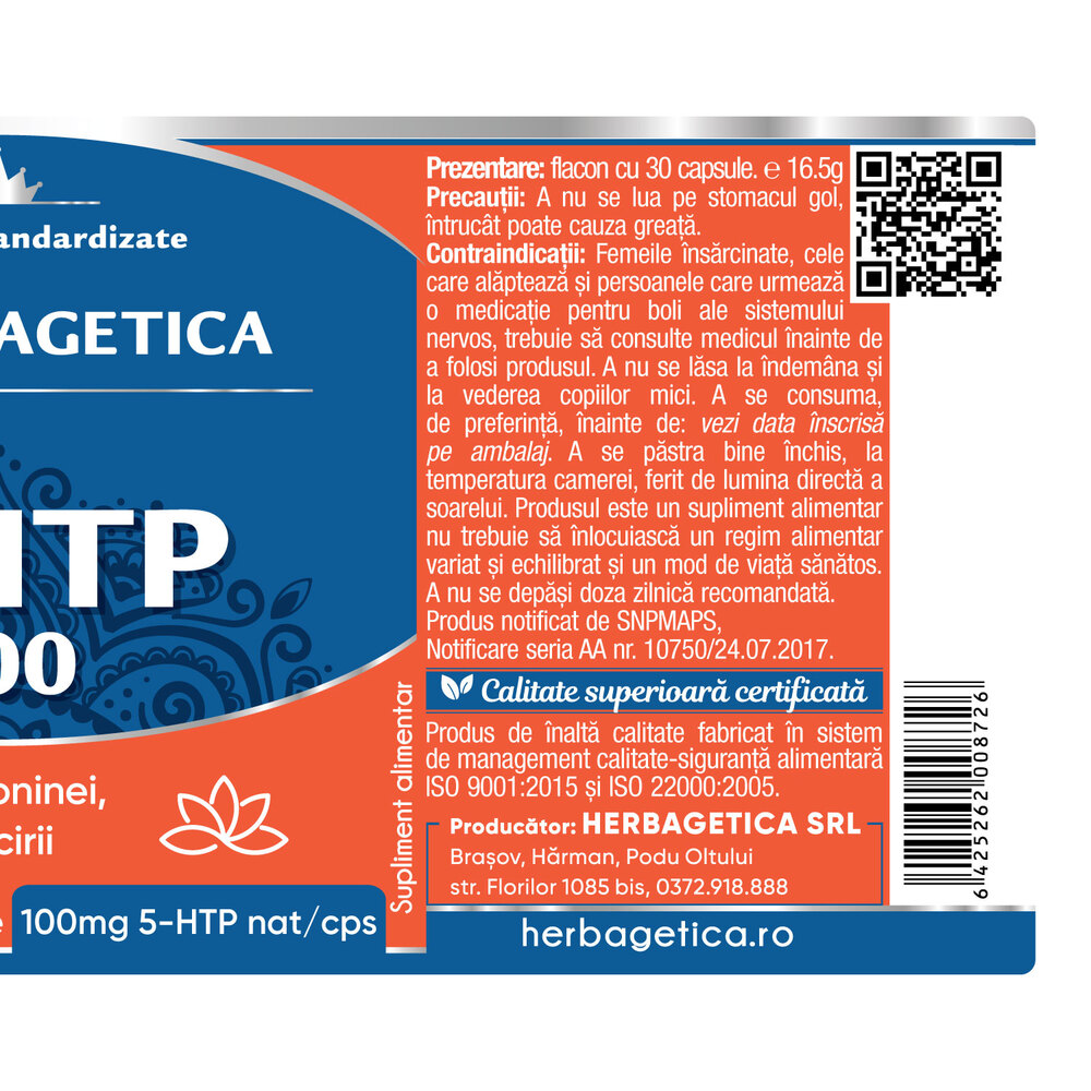 5-HTP 100, 30 capsule, Herbagetica : Farmacia Tei online
