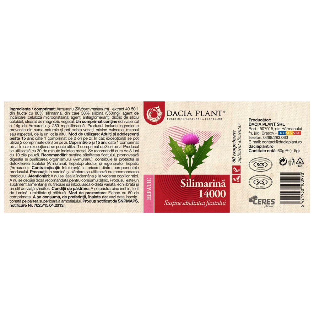 Silimarina 14000, 60 comprimate, Dacia Plant : Farmacia Tei online
