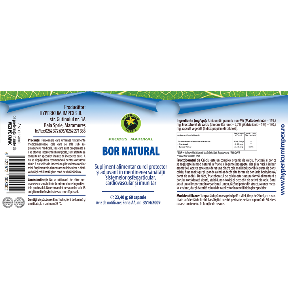 Bor Natural, 60 capsule, Hypericum : Farmacia Tei online