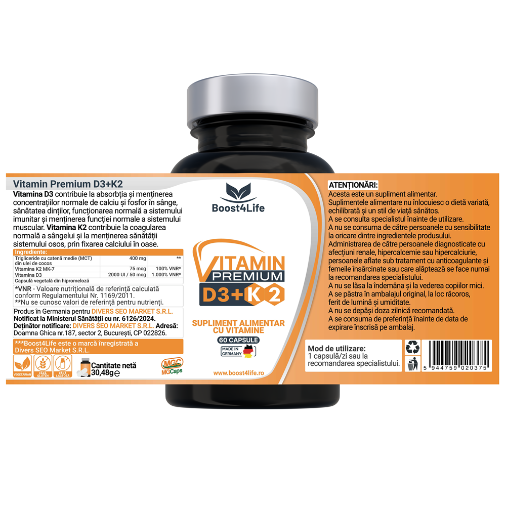 Vitamina D3 + K2 Premium MGCaps®, 60 capsule, Boost4Life : Farmacia Tei ...